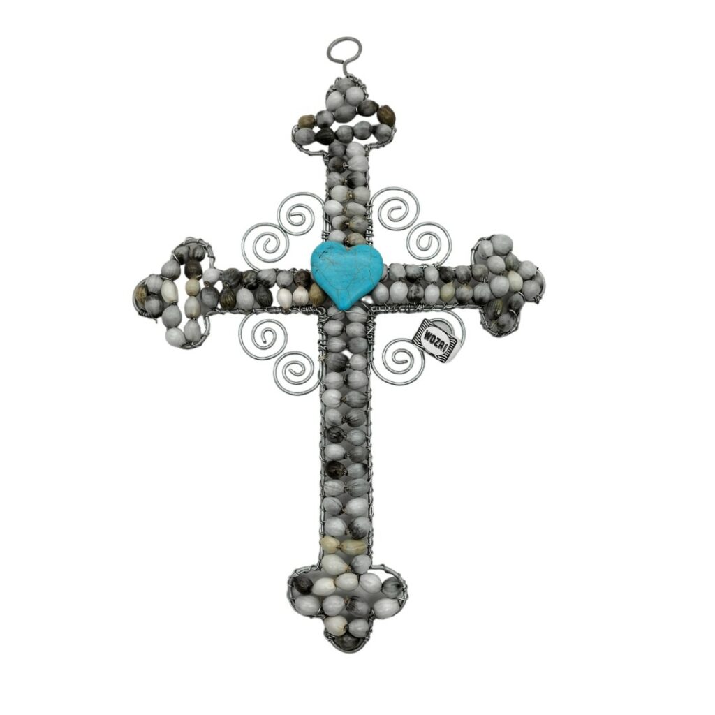 Seed Bead Wire Cross with Heart - Woza Moya
